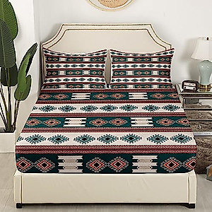 Western Decor Sheets King Size Southwestern Bed Sheet Set for Kids Boys Girls Cowboy Aztec Bed Sheets Women Men Teens Blue Brown Beige Native Indian Tribal Navajo Bedding Fitted Sheet Flat Sheets