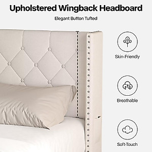 Lihimte Queen Size Bed Frame with Led Lights, Upholstered Velvet Platform Bed Frames with Button Tufted Wingback Headboard and Footboard, Wooden Slats Support, No Box Spring Needed, Beige
