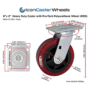 ICONCASTERWHEELS 6" x 2" Replacement Heavy Duty Industrial Casters, Top Plate 4" x 4.5", Red, Non-Marking Pro-Tech Polyurethane Wheel, Load Capacity 3600 lbs. per Set (4-Pack)