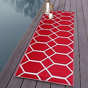 Outdoor Runner - Recycled Plastic Floor Runner Rug for Patio, Camping, Beach, Balcony, Porch, Deck - Weather, Water, Stain, Lightweight, Fade and UV Resistant - Miami- Red & White (2'4''x6')