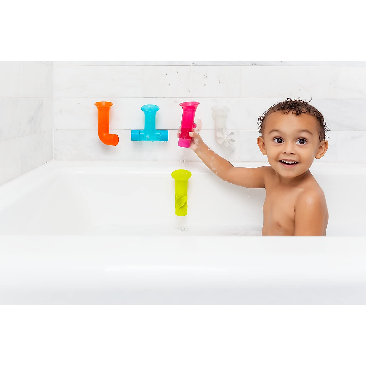 Boon PIPES Interactive Baby and Toddler Bath Tub Toys — Classic Colors — Colorful and Sensory Friendly Learning Baby Bathtub Toys— 12 Months and Up — 5 Count