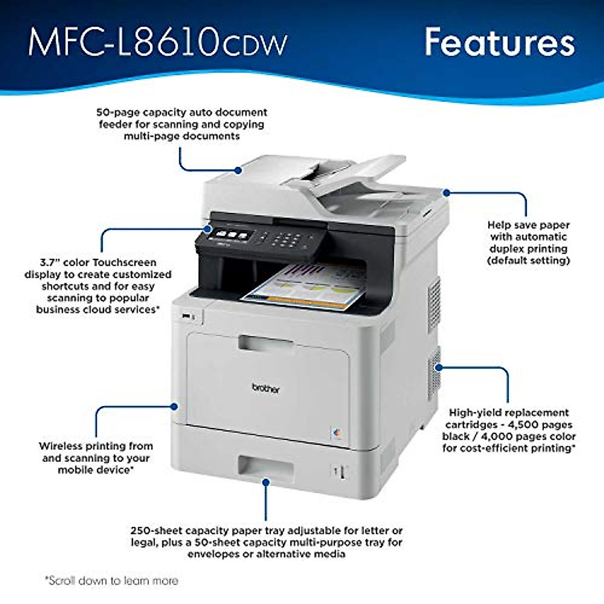 Brother MFC-L8610CDW Business Color All-in-One Duplex Laser Printer, Wireless and Ethernet Connectivity, includes High Yield Toner-Retail Packaging, Black