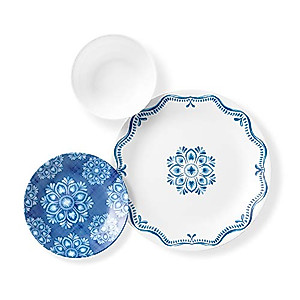Corelle Vitrelle 18-Piece Service for 6 Dinnerware Set, Triple Layer Glass and Chip Resistant, Lightweight Round Plates and Bowls Set, Lisbon Terrace