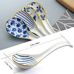 IQCWOOD Asian Soup Spoons, 6.2inch Ceramic Chinese Soup Spoons, Japanese Soup Spoon for Ramen Pho Wonton Dumpling Miso,4pcs