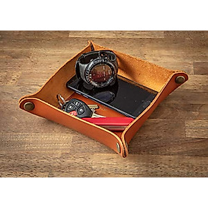 USA Made Premium Leather Valet Tray, Folds Flat! Little Buddy Dice Rolling Basket and Organizer With Brass Snaps - Reinforced Felt Bottom - For Keys, Jewelry, Coin, EDC, Watch Storage Caddy - Chestnut