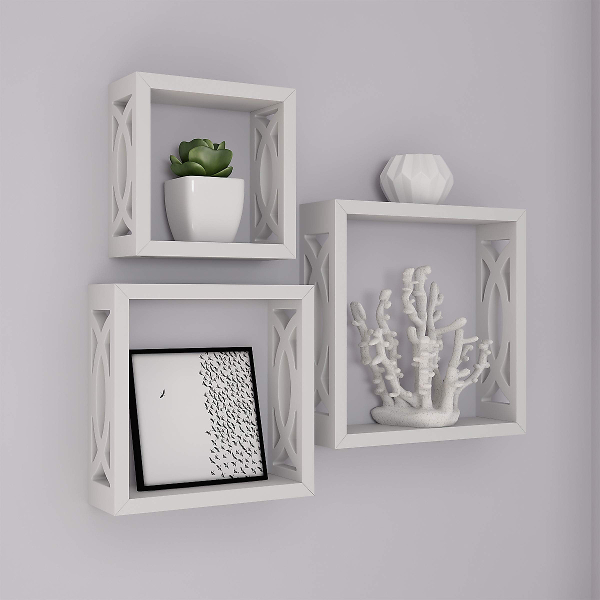 Floating Shelves- Open Cube Wall Shelf Set with Hidden Brackets, 3 Sizes to Display Décor, Photos, More- Hardware Included by Lavish Home (White)