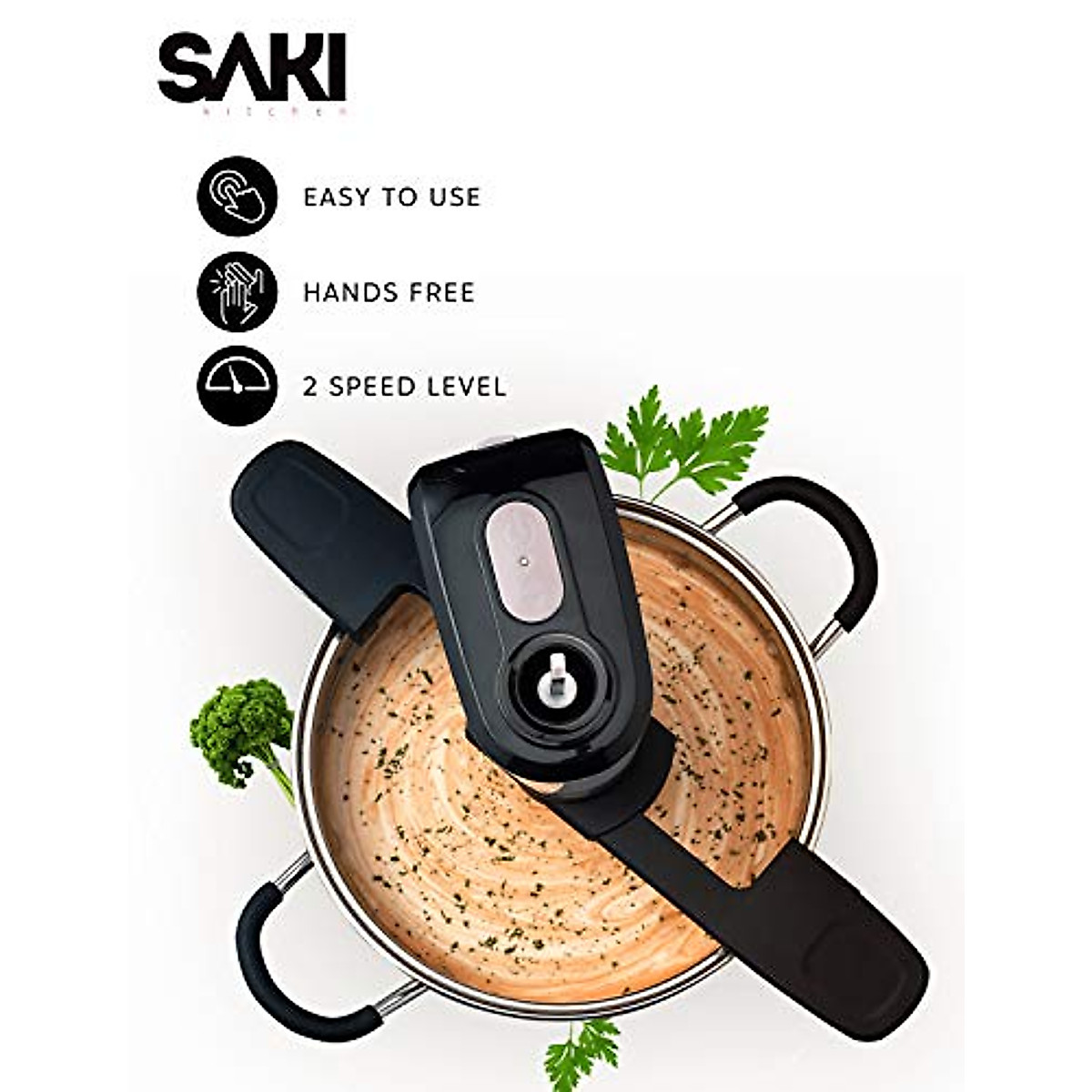 SAKI Automatic Pot Stirrer for Cooking, with 2 speeds, Adjustable, Hands Free, BPA free, Cordless and Rechargeable (2021 Updated Battery)
