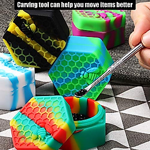 5 Pieces 26ml Hexagon Silicone Container Wax Carving Container Multicolored Silicone Honeybee Jars with Silver Carving Tool for Essential Oil, Lip Balm, Cosmetics Pigments