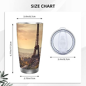 Eiffel Tower and city Tumbler with Lid and Straw 20oz Stainless Steel Car Cup for Hot and Cold Drinks, Double Wall Insulated Travel Coffee Mug Reusable Drink Thermos Cup Birthday Gifts