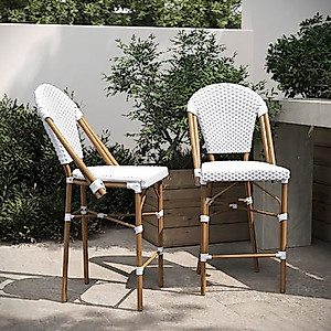 Flash Furniture Lourdes Commercial Grade Bistro Counter Height Stool, Stackable Indoor/Outdoor Dining Stool, 26" High, White/Gray and Bamboo Finish, Set of 2