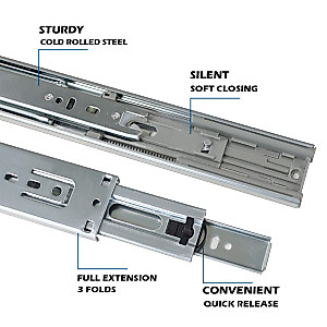 Gobrico Drawer Hardware 16-inch Hydraulic Soft Self Close Drawer Slides Full Extension Ball Bearing Drawer Runners 3Folds 100 lb. 1Pair