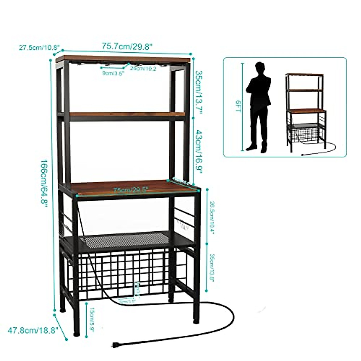HSSZXFR Industrial Wine Bakers Rack with Power Outlet and LED Strip, Multifunctional Wine Rack Table, Wine Bar Cabinet with Wine Storage Glasses Holder Bottle Shelf, Bar Stand for Liquor and Glasses