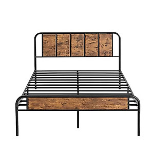 VECELO Queen Size Bed Frame Metal Platform with Wood Headboard Footboard Heavy Duty Mattress Foundation with Steel Slats Support Under Bed Storage/Easy Assemble