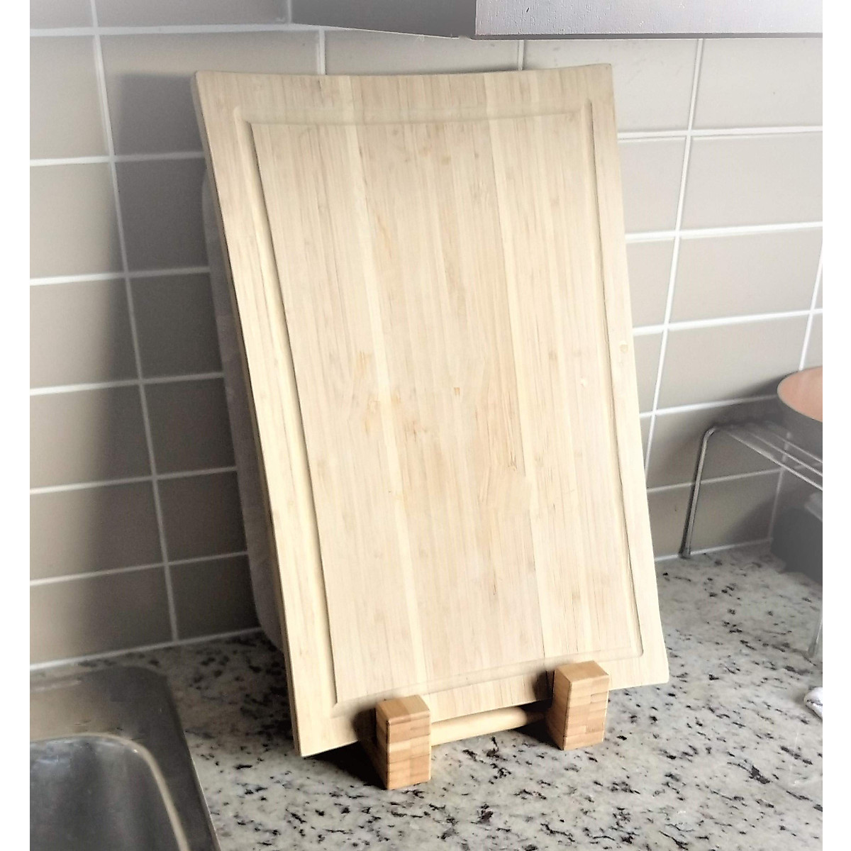 Stock N Wares Bamboo Cutting Board Holder, Pot Lid Holder, Cook Book Stand, Tablet Holder for Kitchen, Stylish Low Profile, 10.38" Lx7 Wx2.5 H(26.35cmx17.78cmx6.35cm)