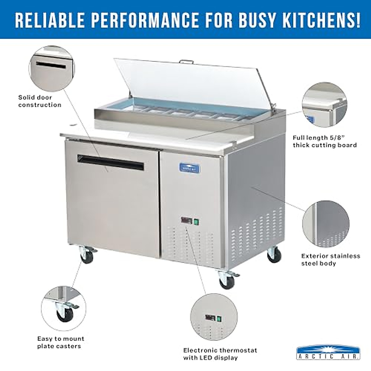 Arctic Air APP48R Single Door Refrigerated Pizza Prep Table/Station with Wheels, 47.5" Width, Stainless Steel, 115v, for Restaurant, Bar, Shop, etc.