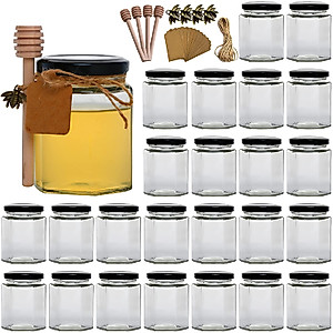 Woaiwo-q 6 oz Hexagon Glass Honey Jars, Glass Jars with Black Lids,Bronzy Bee Pendants,Wooden Honey Sticks,Small Tags,1.5m Jute Twine -Clear Hexagon Jars for Honey,Jams, Liquid.(25 Pcs)…