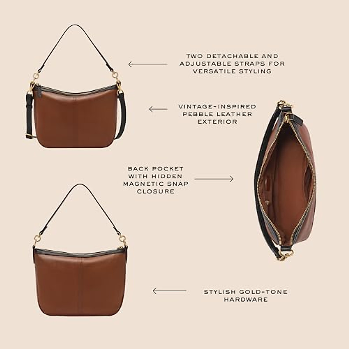 Fossil Women's Jolie Leather Hobo Purse Handbag, Brown (Model: ZB1434200)