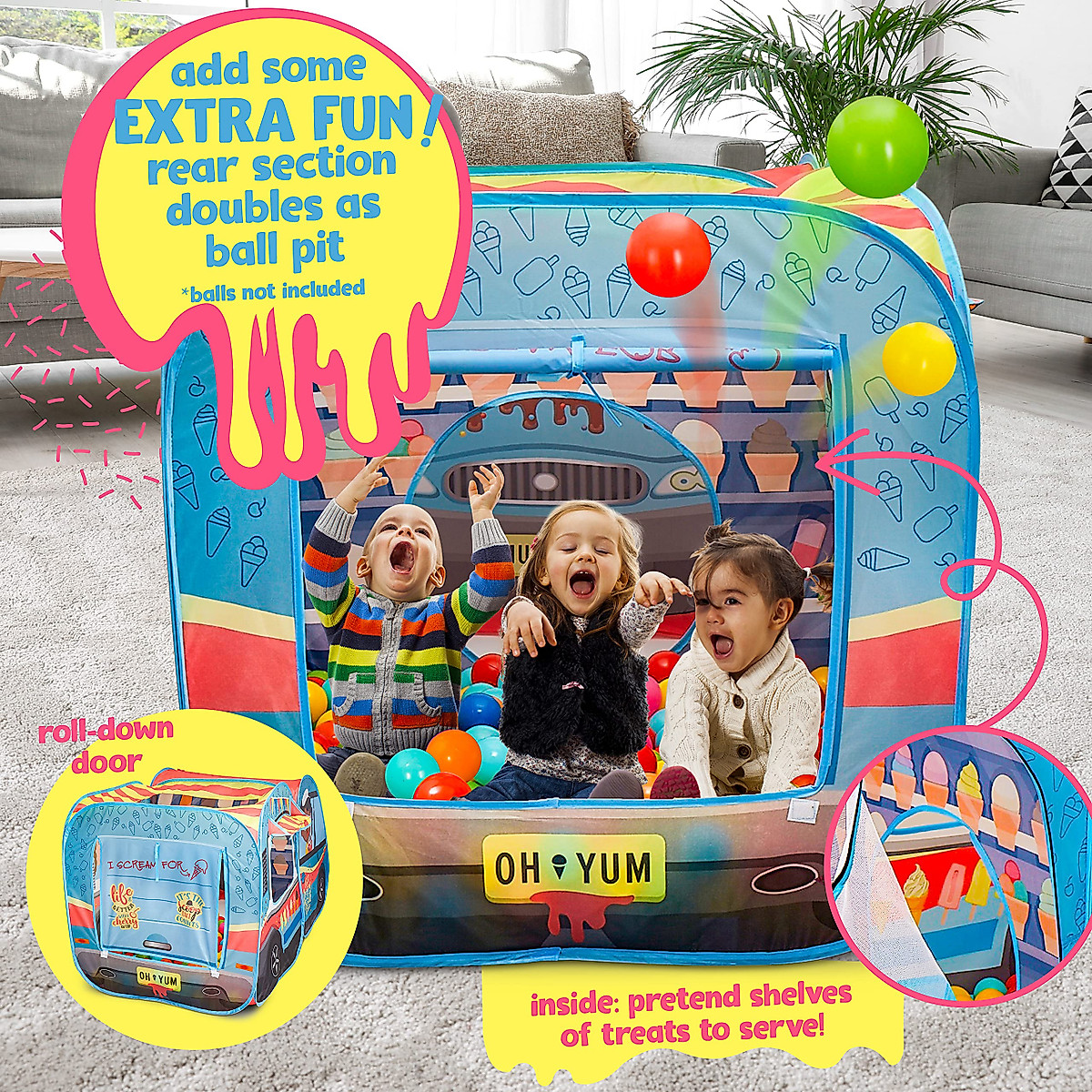 Kiddzery Ice Cream Truck Play Tent for Kids - Pretend Play Toy Food Set - Pop Up Icecream Playhouse Toys with Music Button - Birthday Gift for Girls & Boys - Indoor & Outdoor Tents for Toddlers & Baby