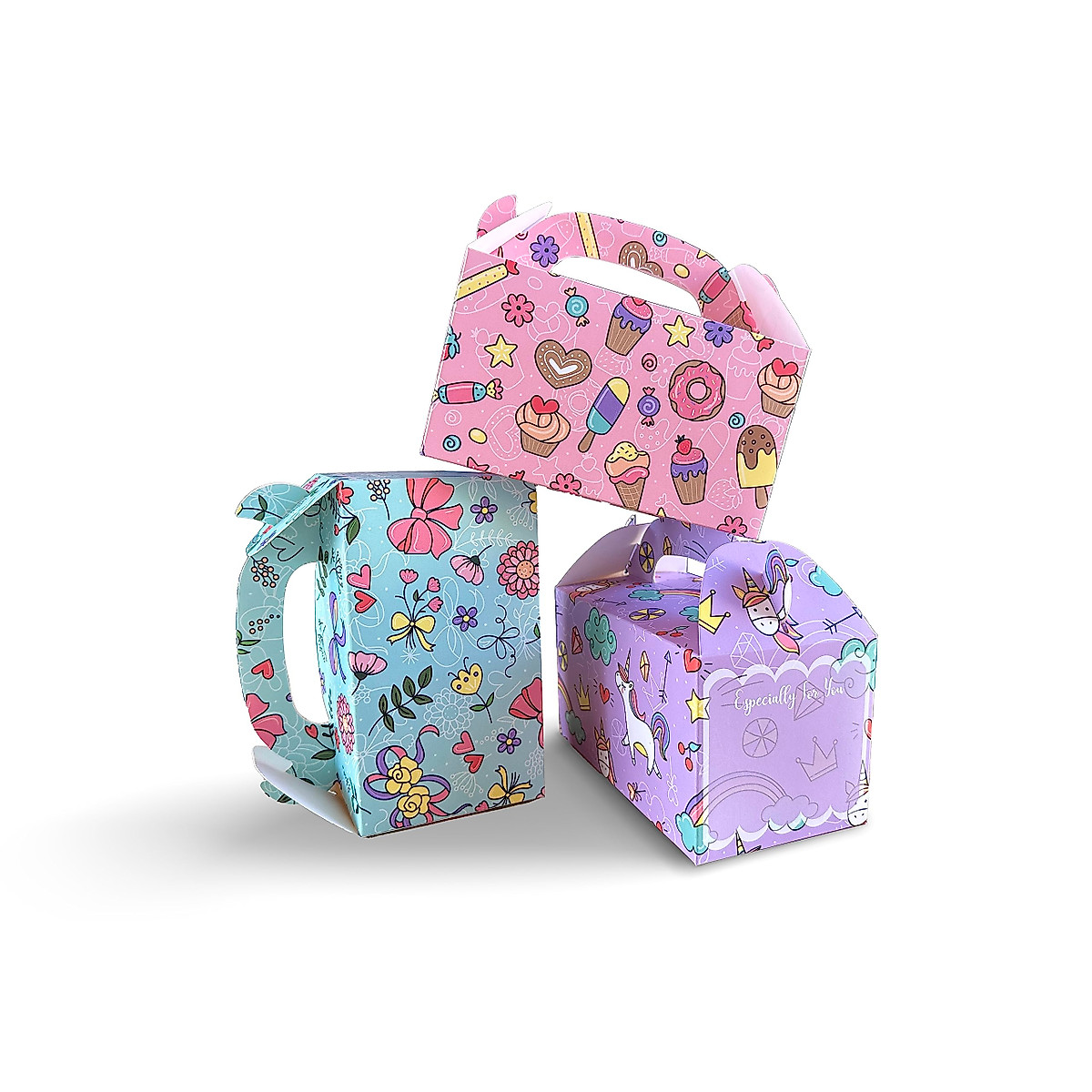 MintieJamie Handle Cardboard Treat Boxes 6.25 X 3.5 X 3.5 Inches, Pack of 12pcs Pastel Color Cute Birthday Boxes, Party Favor Gifting Gable Boxes