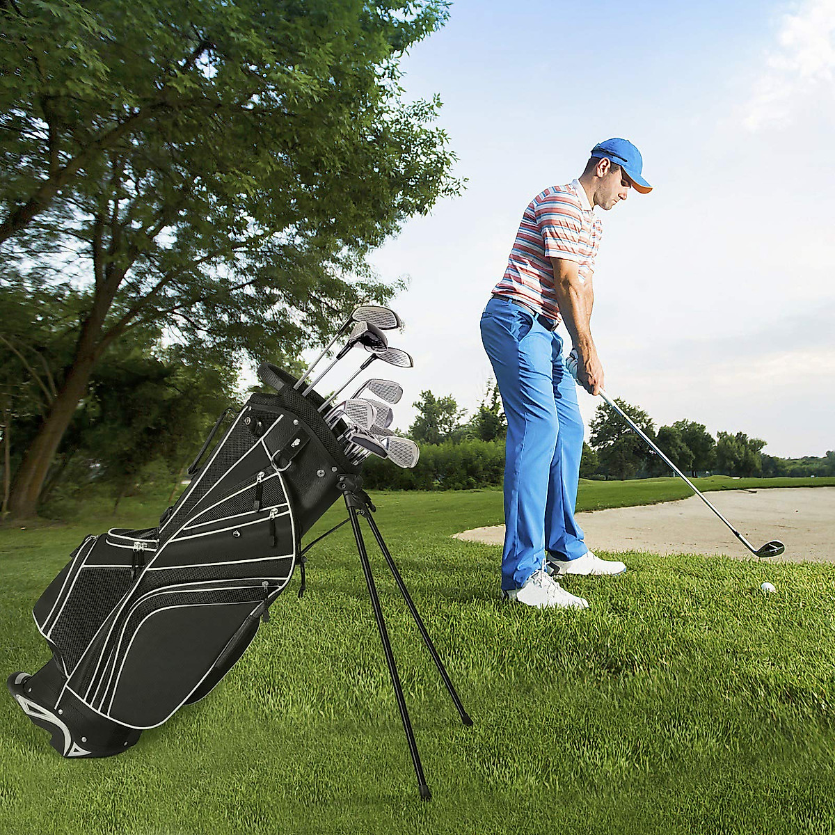 Tangkula Golf Stand Bag with 6 Way Top Dividers, Lightweight Golf Bag with Adjustable Dual Strap & 8 Pockets, Waterproof Rain Hood, Portable for Men Women