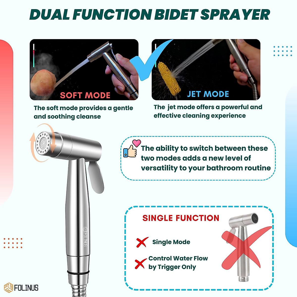 FOLINUS Hot and Cold Bidet Sprayer for Toilet, Bidet Warm Water with Dual Function Bidet Sprayer and Mixing Valve for Feminine Wash, Personal Hygiene, Pet Shower