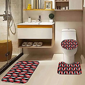 Red Black Geometric Shower Curtain Sets with Toilet Lid Cover and Non-Slip Rugs, Zigzag Chain Round Wave Simple 4 Pcs Shower Curtains for Bathroom, Modern Abstract Bathroom Decor