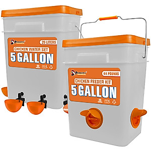 PAMAZY 5-Gallon/44 Pounds Automatic Chicken Feeder &Waterer Set2 Buckets),Chicken PortWater Cup NoWaste,Rain Proof Poultry Feeder,Avoid Small Animals. Suitable for Chicken,Duck,Turkey,Grey,OrangeCKF)