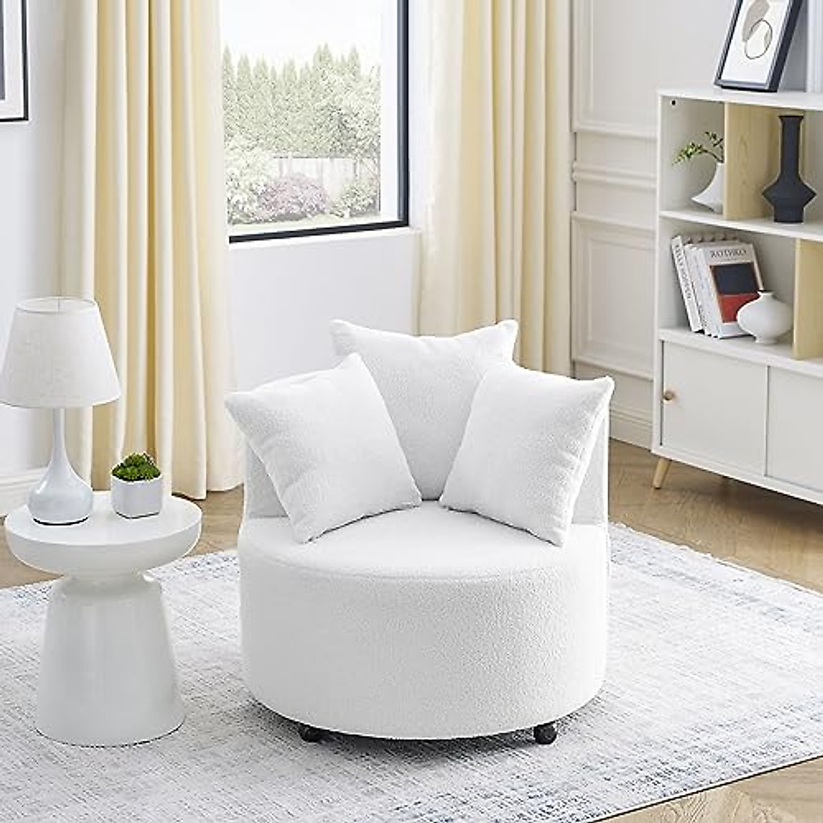 KEVINSPACE 30'' Small Swivel Barrel Chair, Comfy Round Club Chairs for Living Room Bedroom, Swivel Single Sofa with 4 Universal Caster Wheels Lounge Accent Chair Boucle Armchair White
