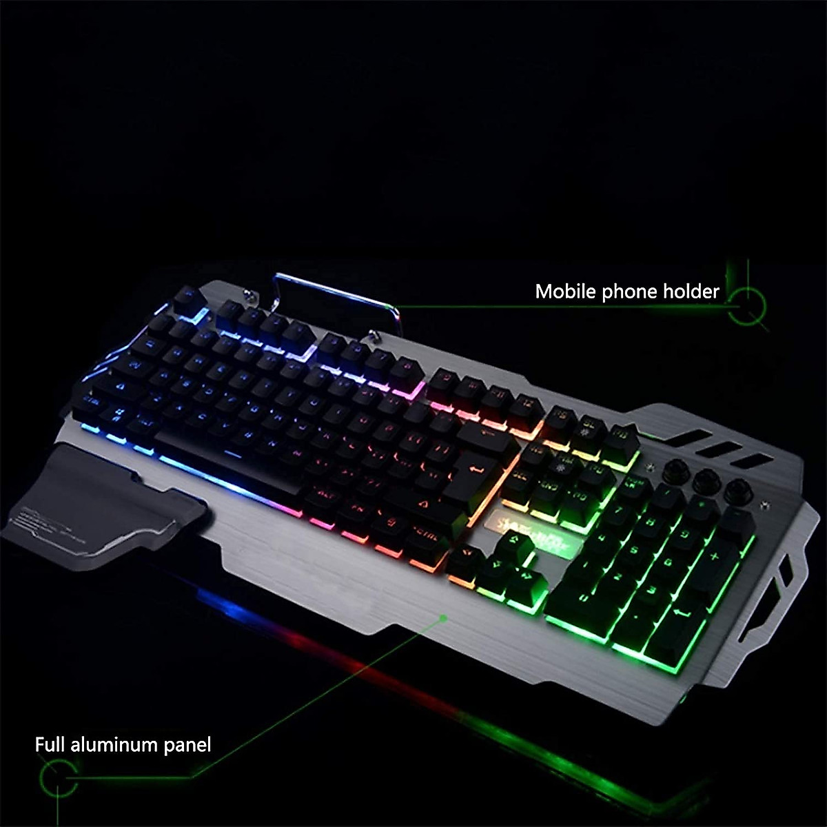 MUMUJJ Computer Gaming Mechanical Keyboard, 7-Color Rainbow Backlit Effect, with Mobile Phone Holder, Multimedia Shortcuts, Black