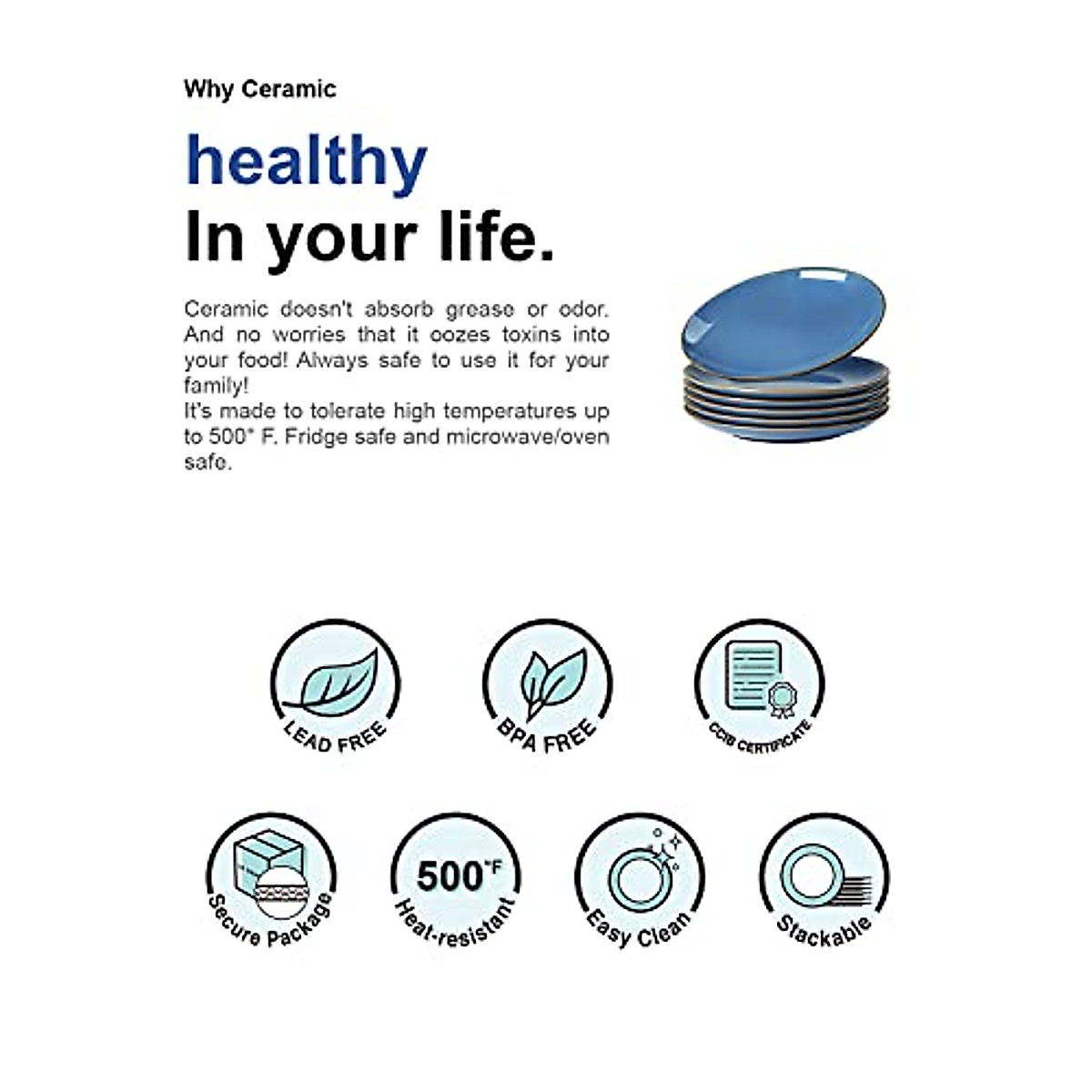 LE TAUCI Salad Plates 8.5 Inch, Ceramic Dessert Plate Set, Kitchen Serving Dishes for Housewarming Thanksgiving Christmas, Microwave Oven Safe - Set of 6, Reactive Glaze, Ceylon Blue