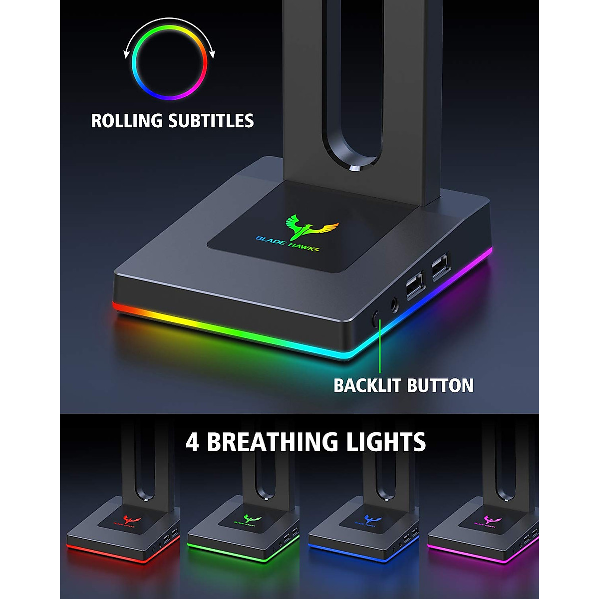 Blade Hawks RGB Gaming Headphone Stand with 3.5mm AUX and 2 USB Ports, Durable Headset Stand Holder for Bose, Beats, Sony, Sennheiser, Jabra, JBL, AKG, Fancy Gaming Accessories - HS18 (Only for PC)