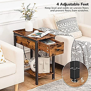 HOOBRO Side Table with Charging Station, Narrow Nightstand with Drawer & USB Ports & Power Outlets, End Table for Small Spaces, in Living Room, Bedroom, Wood Look Accent Table, Rustic Brown BF041BZ01