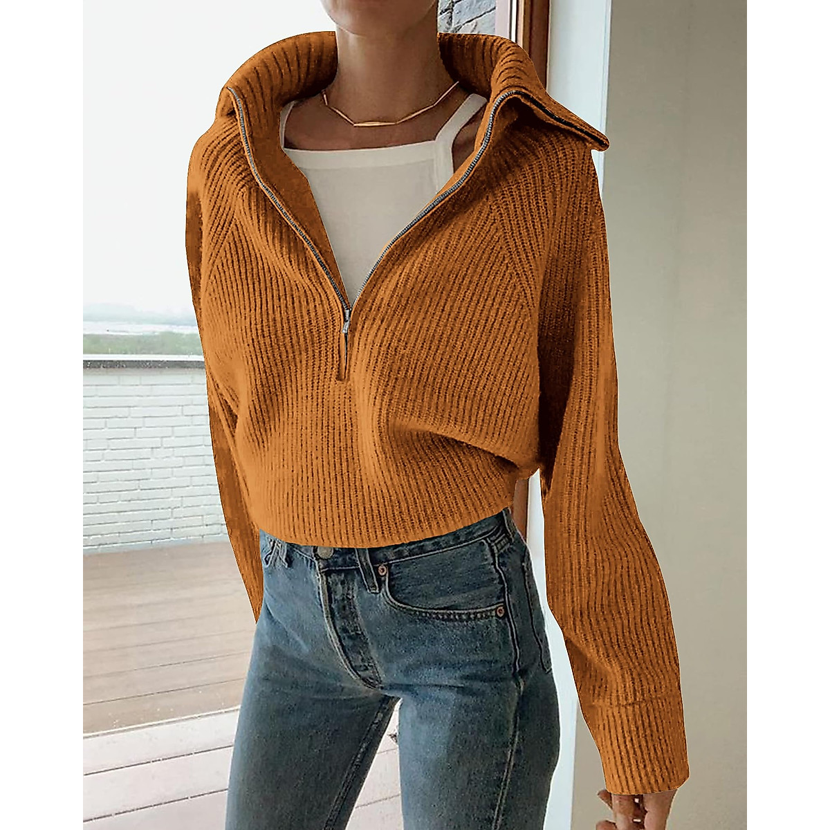 BTFBM Women’s Casual Long Sleeve Half Zip Pullover Sweaters Solid V Neck Collar Ribbed Knitted Loose Slouchy Jumper Tops(Solid Khaki, Medium)