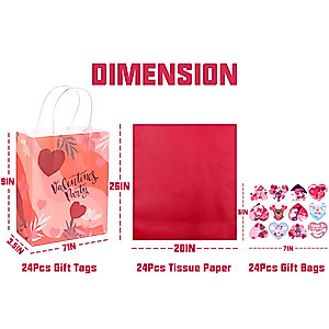 72PCS Valentines Day Gift Bags Bulk with 24 Bags 9”x7''x3.5'' 24 Tissue Paper&24 Stickers for Kids Adults Holiday Goody Candy Chocolate Bakery Treat Bag for Gift Giving,Classrooms Gift Exchange,Party Favor