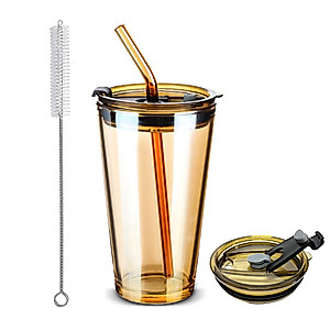 Glass Tumbler Cup with Lid and Straw, 15oz Leak-Proof Clear Reusable Glass Cups Smoothie Mugs for Cold & Hot Drink Beverage Soda Water Juice Party Cup for Office Outdoor Dining Poolside Parties