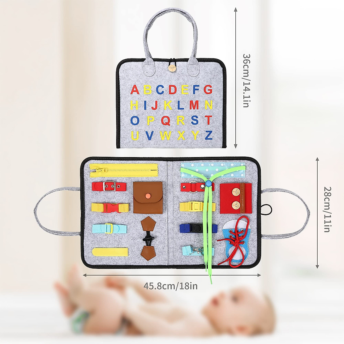 Busy Board for Toddlers 1-6, Montessori Sensory Toy for Develop Basic Skills, Dress and Alphabet Spell Cognition Latch Buckle Learning Games, Great Airplane and Carseat Travel Gift for Boys and Girls