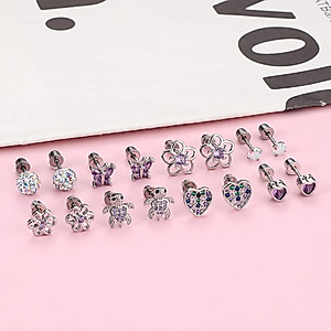 FUNRUN JEWELRY 8Pairs Hypoallergenic Screwback Earrings for Women 316L Stainless Steel CZ Heart Rainbow Butterfly Flower Multicolored Screw Back Stud Earrings Set(Purple) Age:Over 3 years old