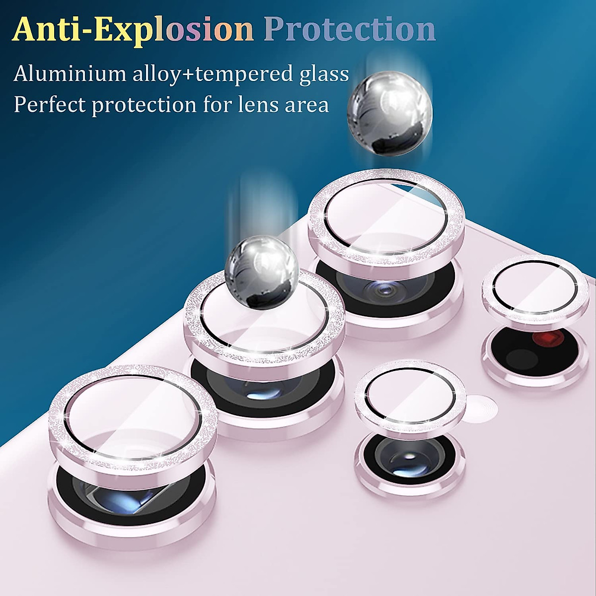 Kanosan Compatible for Samsung Galaxy S23 Ultra Camera Lens Protector, Aluminium Alloy Ring 9H Tempered Glass Decorative Accessories Camera Cover for Galaxy S23 Ultra Glitter Pink