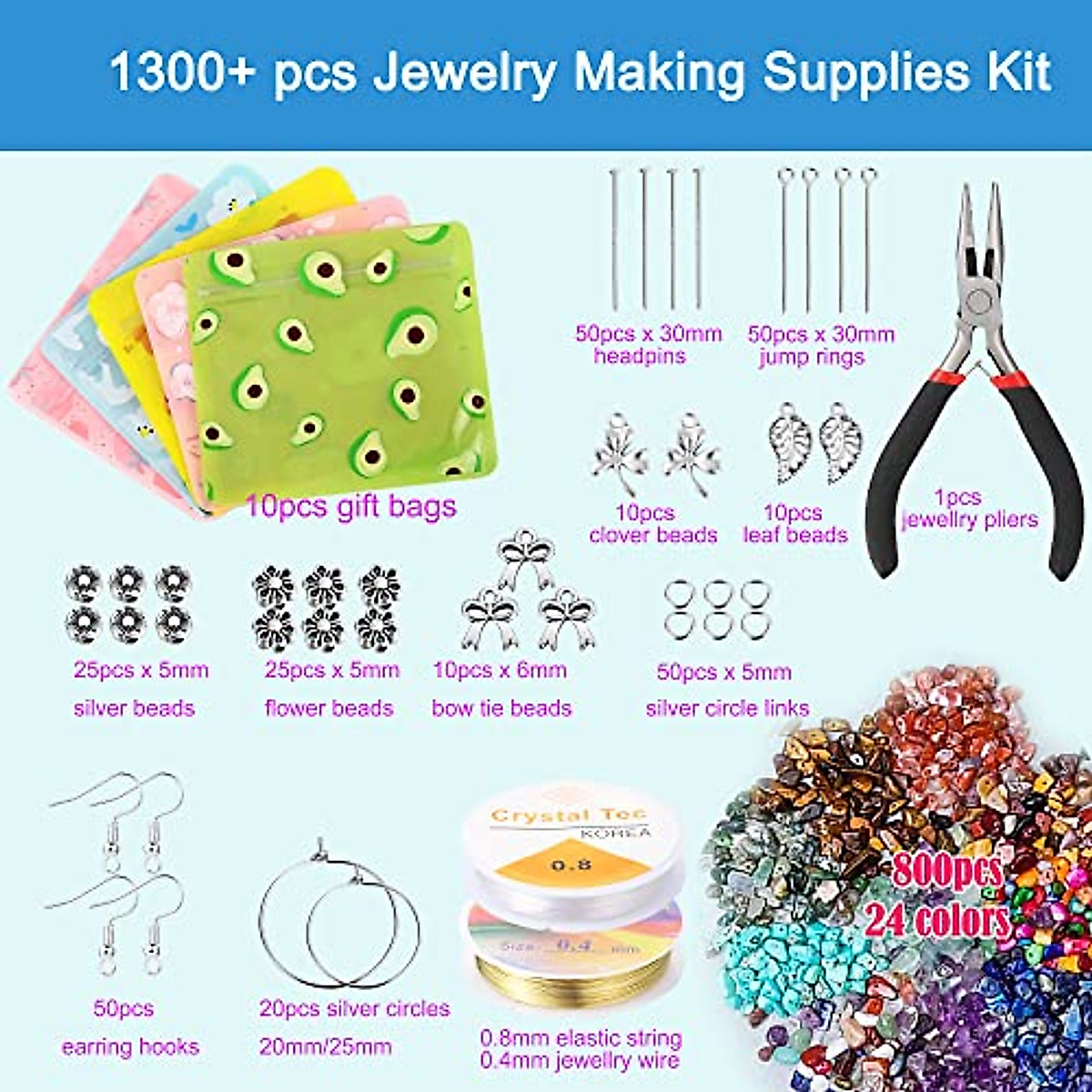 1250+ Pcs Crystal Beads for Jewellery Making 24 Colors Irregular Gemstone Chip Beads for Necklace Bracelet Ring Earring DIY Crystal Jewellery Making Kit