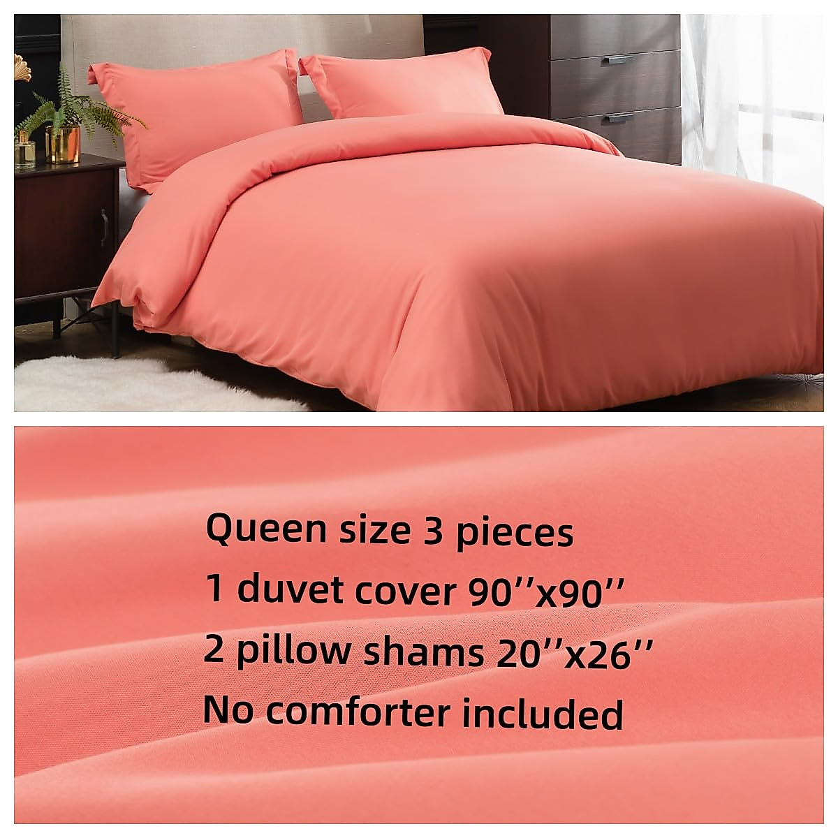 Mohap Duvet Cover 3 Piece Set Soft All Season Warm Luxury Brushed Microfiber 1800 Comforter Cover with 2 Matching Shams Queen Coral