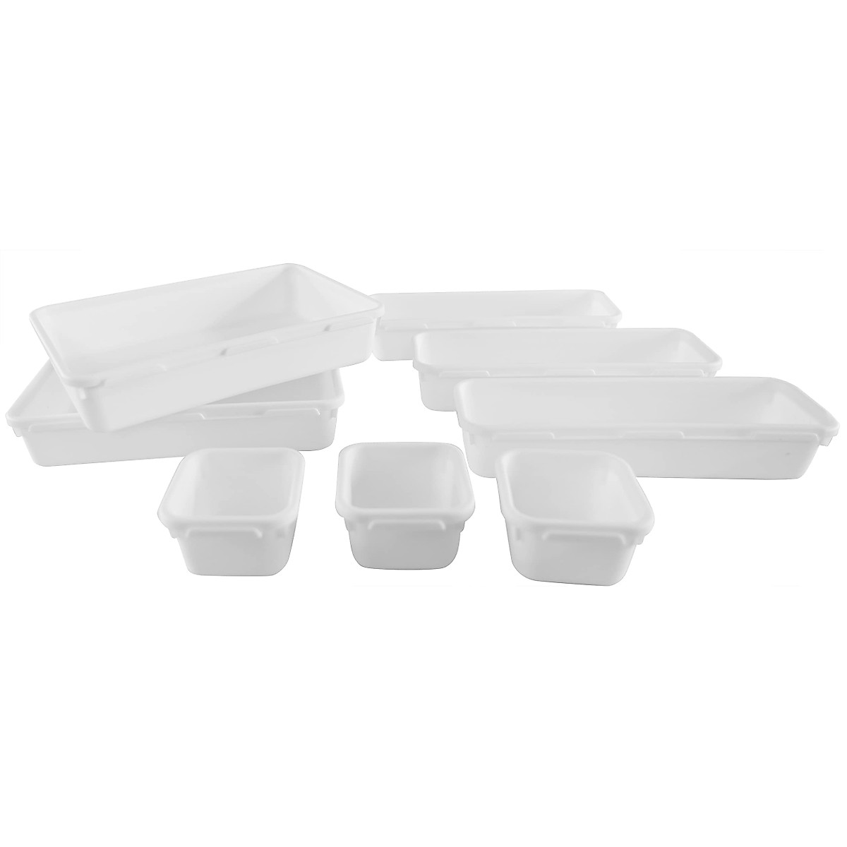 HOME-X Connecting Organizer Trays, Set of Interlocking Adjustable Trays for Organizing Office Supplies and Kitchen Utensil Drawers, Set of 8, 3 Sizes, White