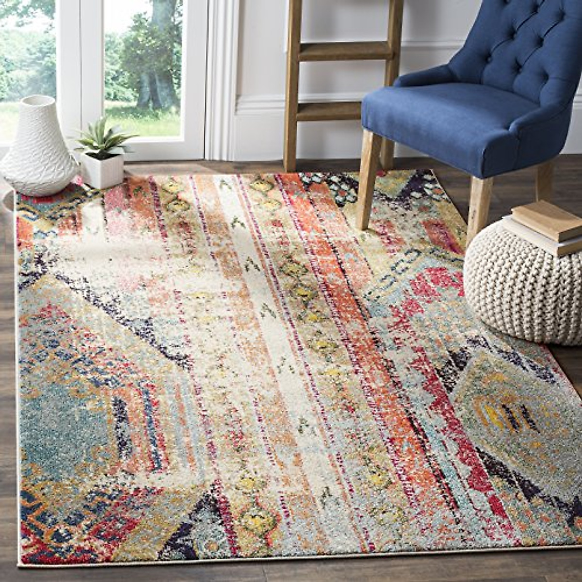 SAFAVIEH Monaco Collection Area Rug - 5'1" x 7'7", Multi, Boho Chic Tribal Distressed Design, Non-Shedding & Easy Care, Ideal for High Traffic Areas in Living Room, Bedroom (MNC222F)