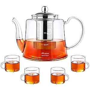 Glass Tea kettle Stovetop Safe, 40oz/1200ml Glass Teapot Gift Set with 4 Teacups, Tea Pot with Removable Infuser for Loose Leaf and Blooming Tea