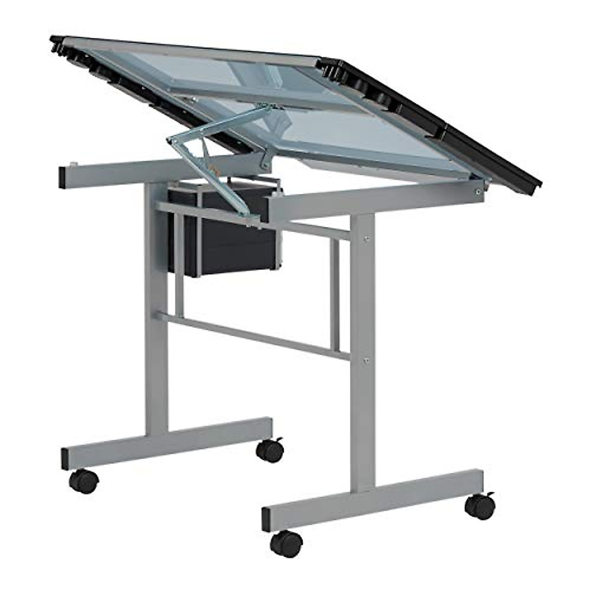 Studio Designs Vision Craft and Drawing Station - 35.5" W by 23.75" D Silver-Blue Glass Top Drafting Table with Pencil Drawers, Side Trays, & Built-In Pencil Ledge - Angle Adjustable Work Surface