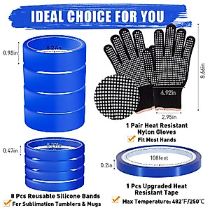 Silicone Bands for Sublimation Tumbler - 8Pcs 2 Sizes, 2 Pcs Heat Gloves for Sublimation, 1 Piece Heat Tape for Sublimation, Sublimation Accessories and Supplies