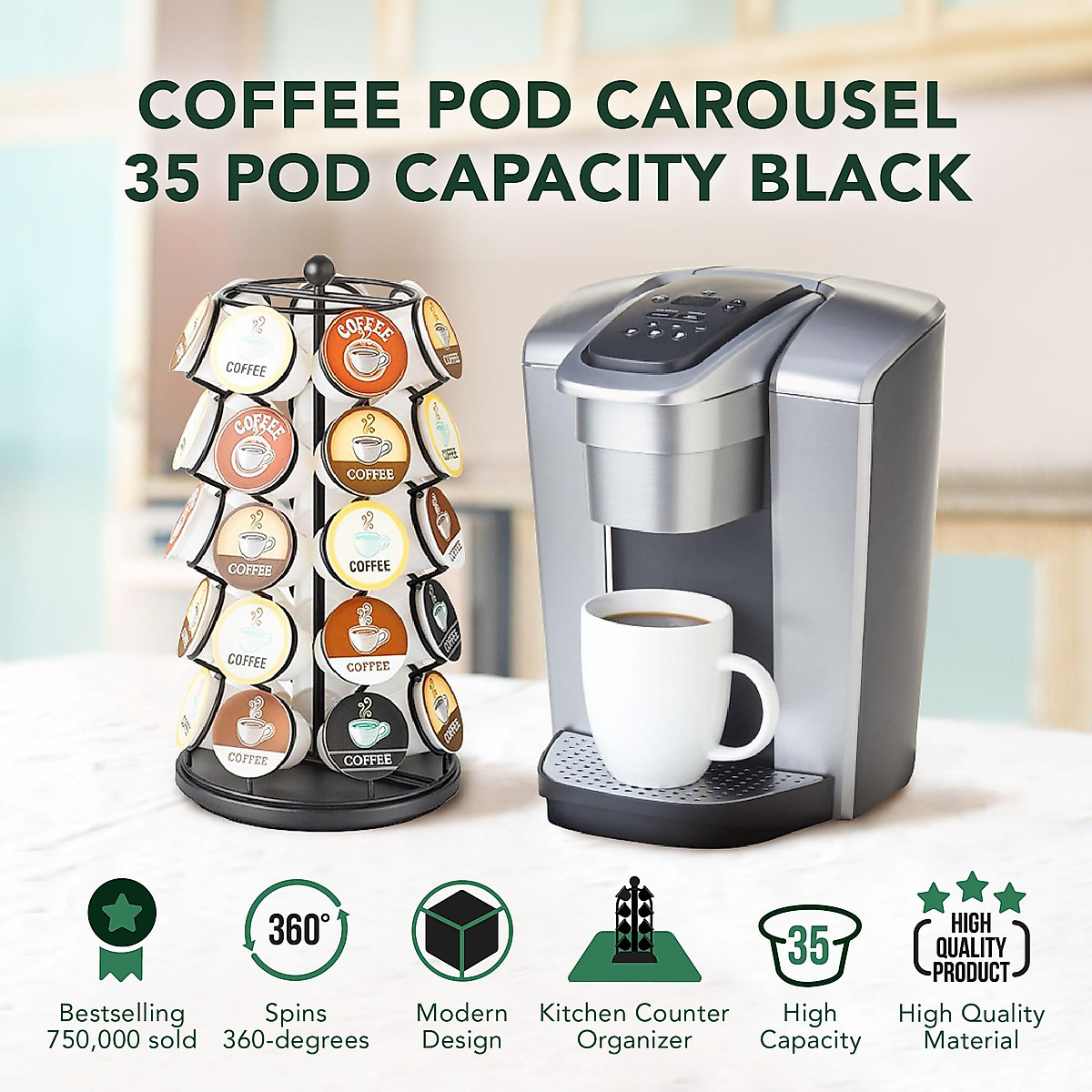 Nifty Coffee Pod Carousel – Compatible with K-Cups, 35 Pack Storage, Spins 360-Degrees, Lazy Susan Platform, Modern Black Design, Home or Office Kitchen Counter Organizer