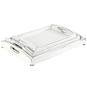 MyGift Vintage Rustic Whitewashed Wood Nesting Serving Trays/Decorative Ottoman Trays with Oval Cutout Handles, Set of 3