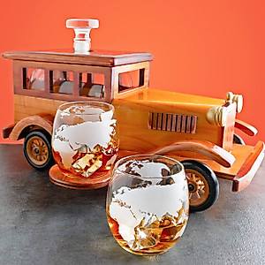 Old Fashioned Car Whiskey Decanter Set, Very Large 15" x 13" x 7" 750ml Decanter Spigot, and 2-10oz Whiskey Tumbler Old Fashion Glasses, Old Fashioned Vintage Car, Limited Edition, Great Bar Gift!