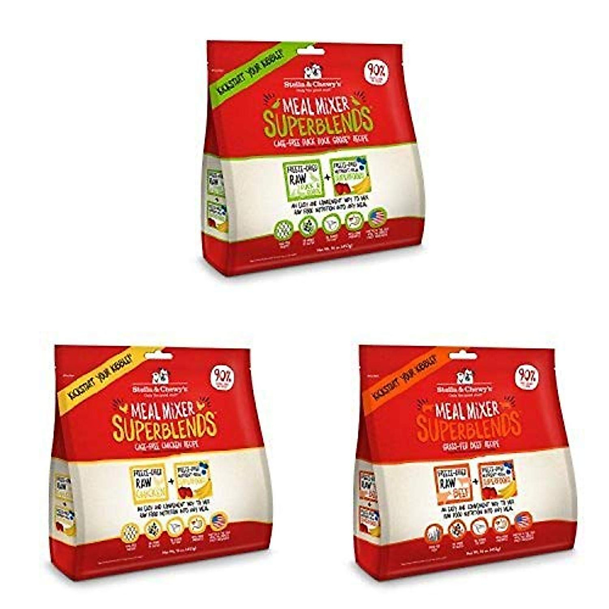Stella & Chewy'S Freeze-Dried Raw Meal Mixer Superblends Dog Food Toppers Variety Pack Of 3 (Duck, Chicken And Beef), 16 Oz. Each