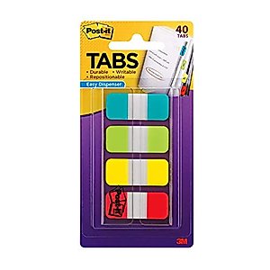 Post-it Tabs.625 in Solid, Aqua, Lime, Yellow, Red, 10/Color, 40/Dispenser (676-ALYR)